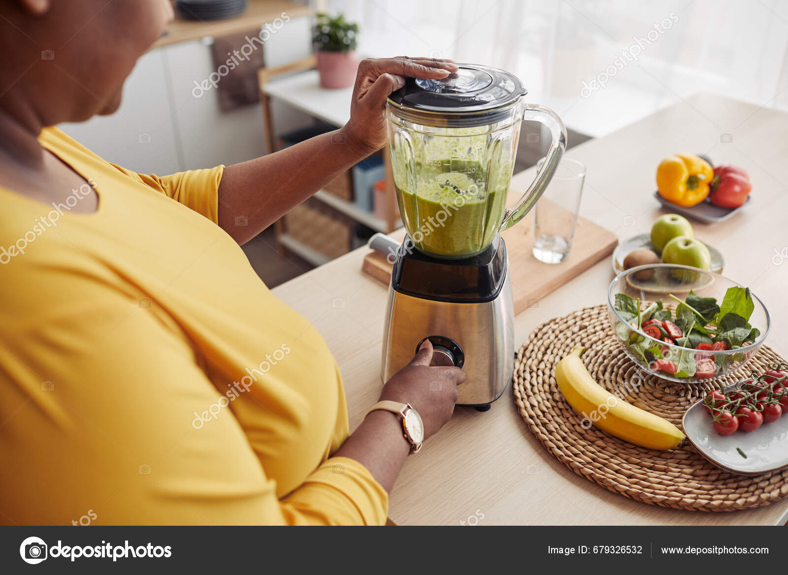 High Angle Closeup Overweight Black Woman Using Blender While Making ...