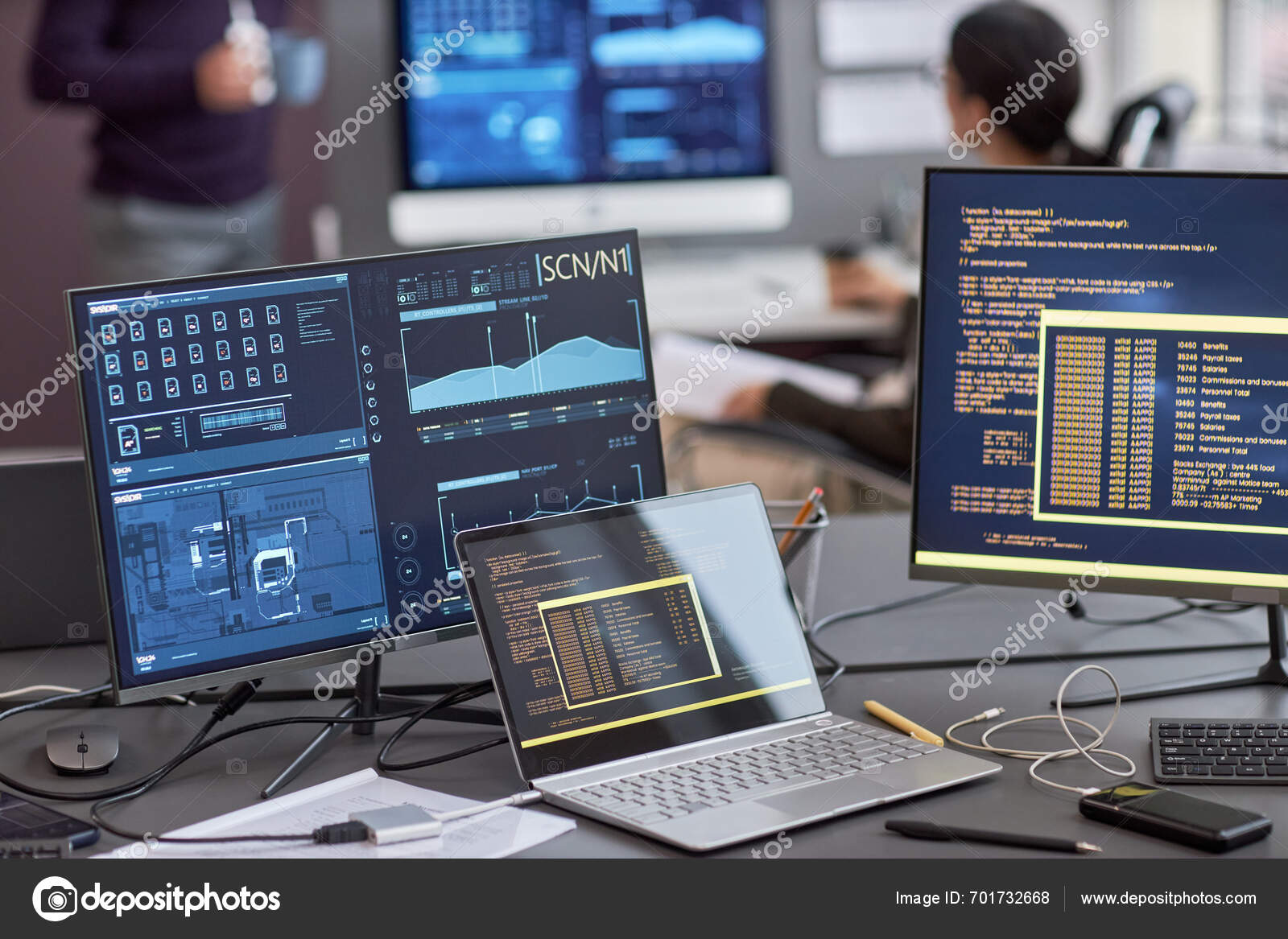 Background Image Multiple Computer Screens Data Code Desk Development Office — Stock Photo ...
