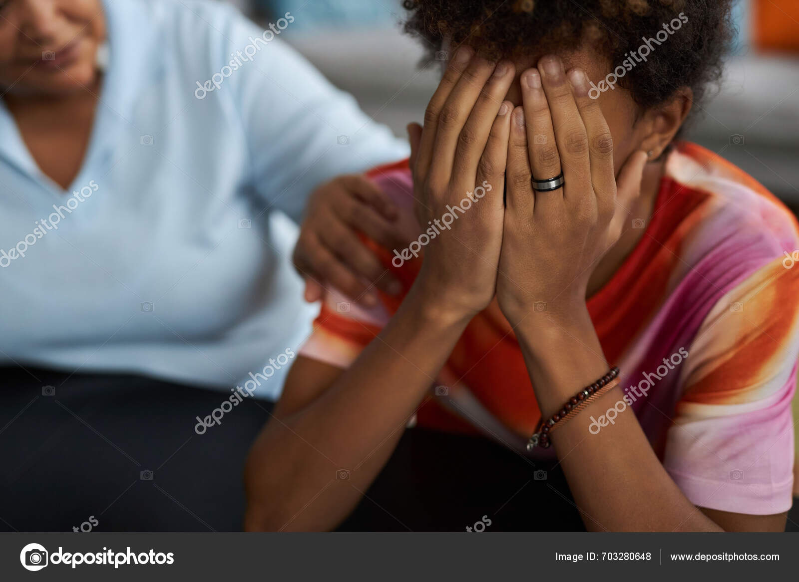 Close Upset African American Teenage Boy Covering His Face Hands ...
