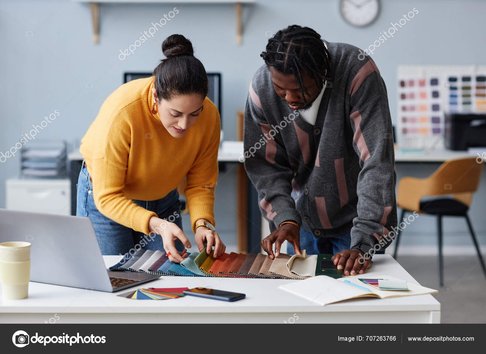 Two Colleagues Choosing Color Interior Team Using Colorful Palette ...