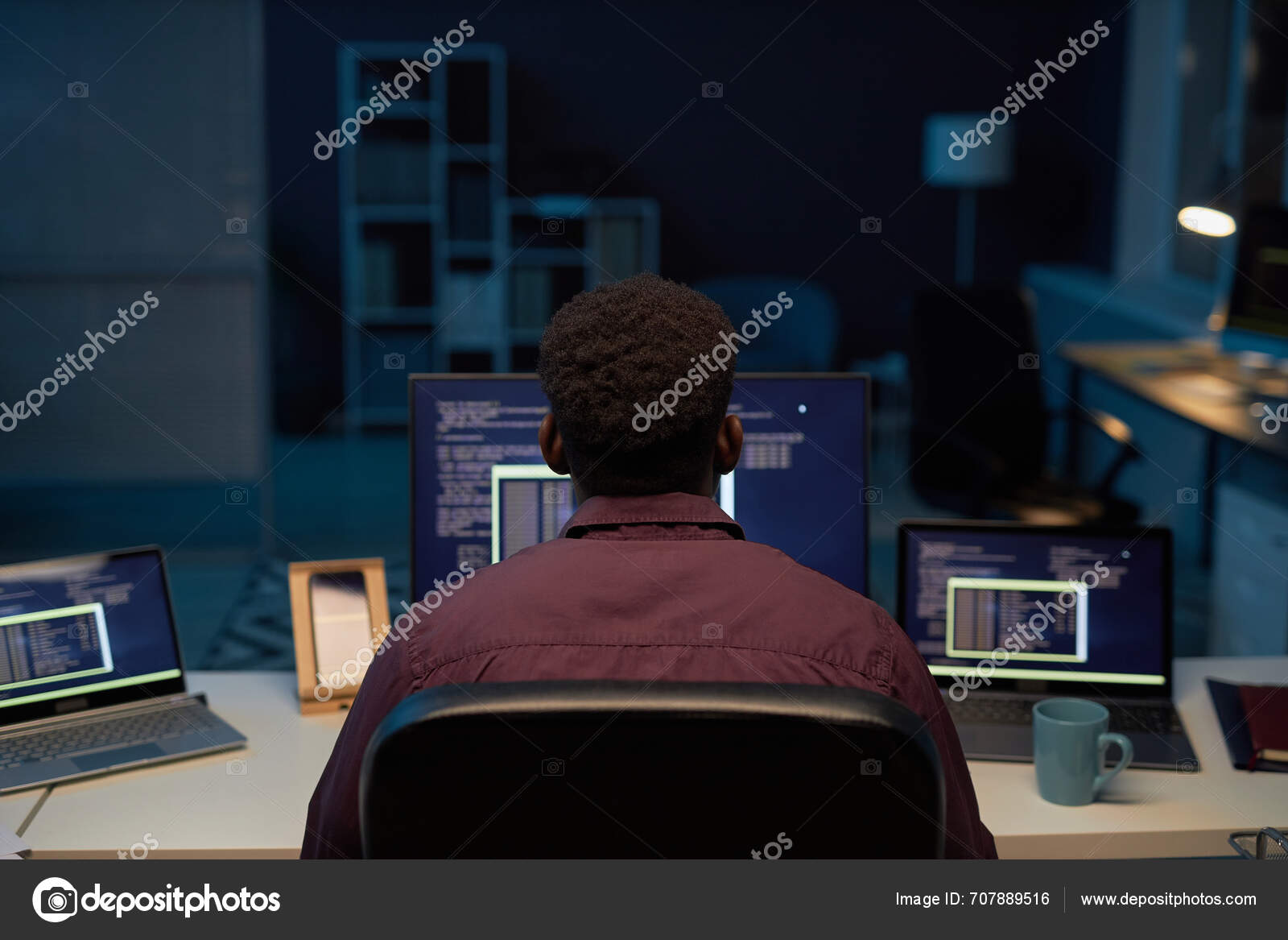 Rear View Programmer Sitting His Workplace Front Computers Working Till ...
