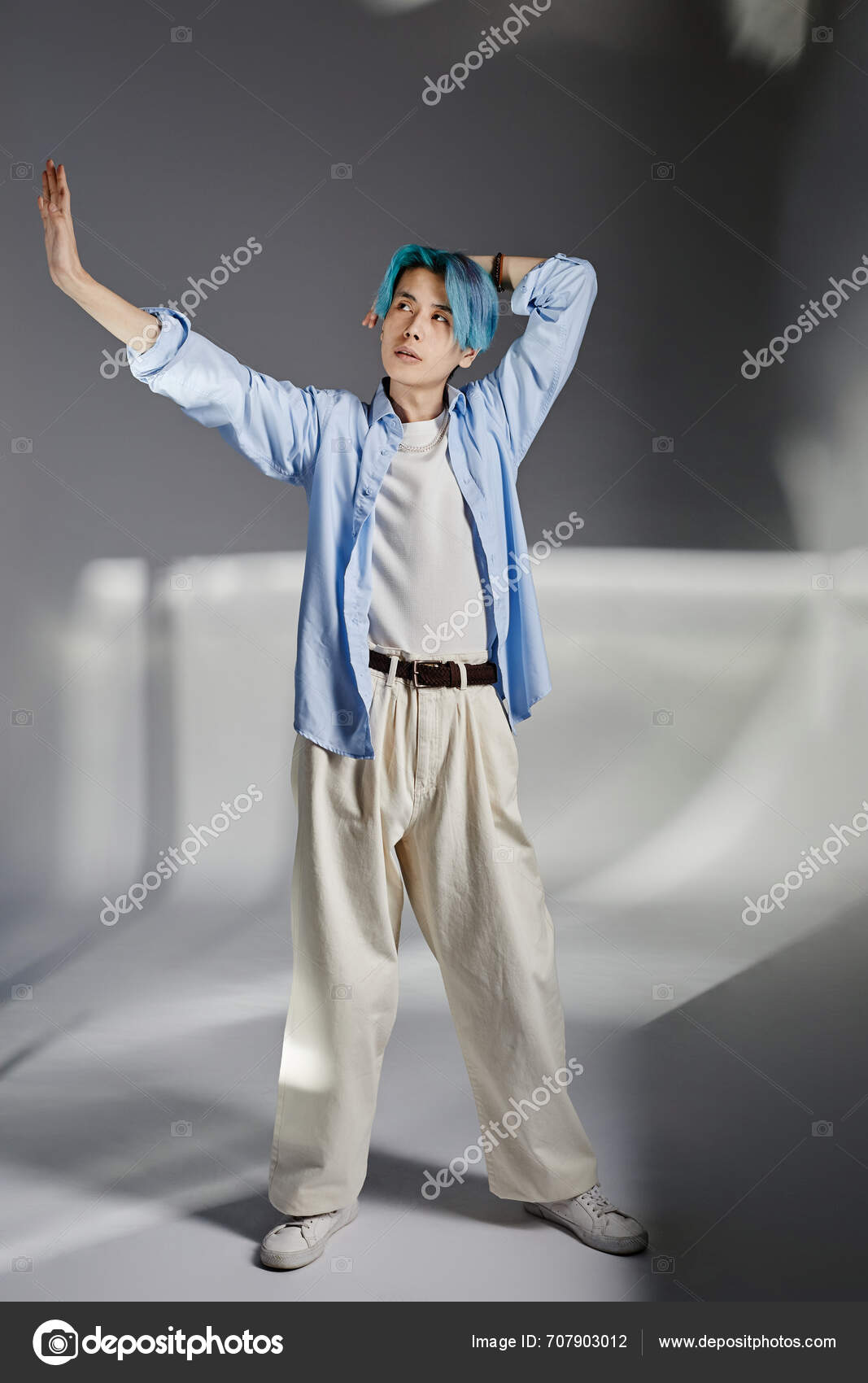 Vertical Image Asian Young Dancer Standing Pose Grey Background — Stock ...