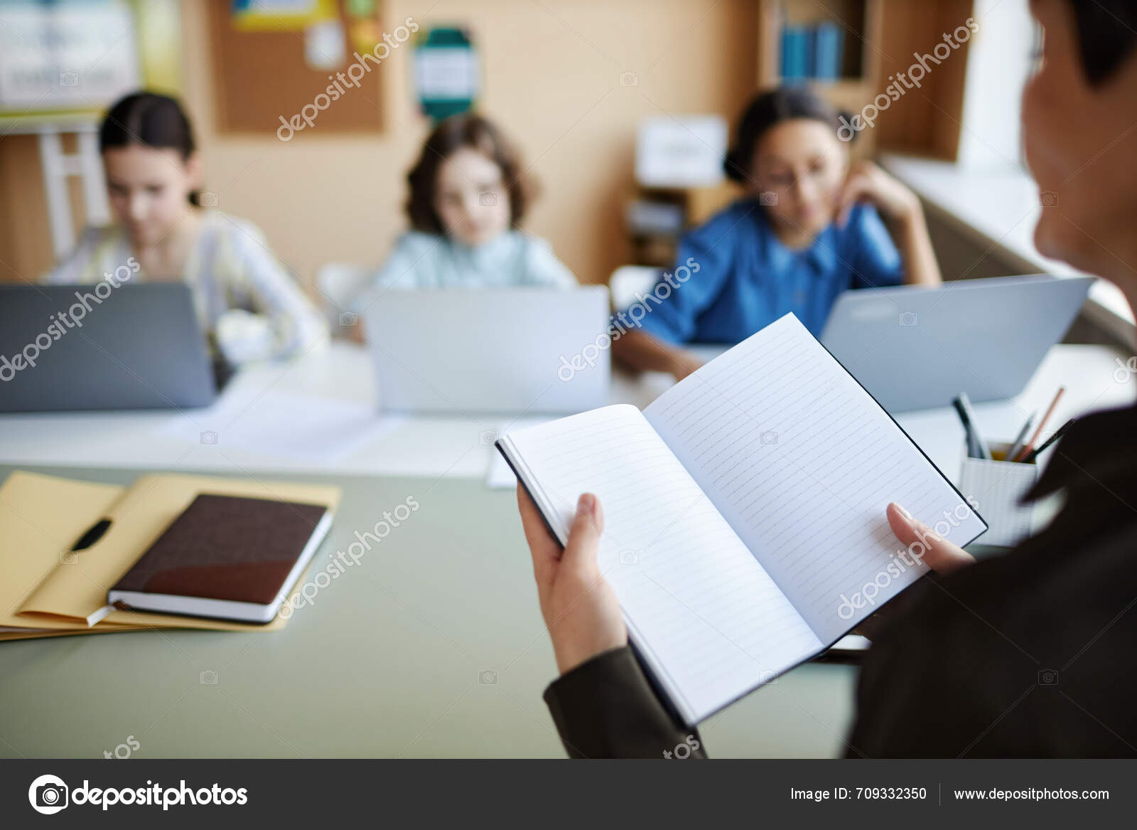 Close Teacher Opening Her Notebook Giving Homework Children Lesson ...