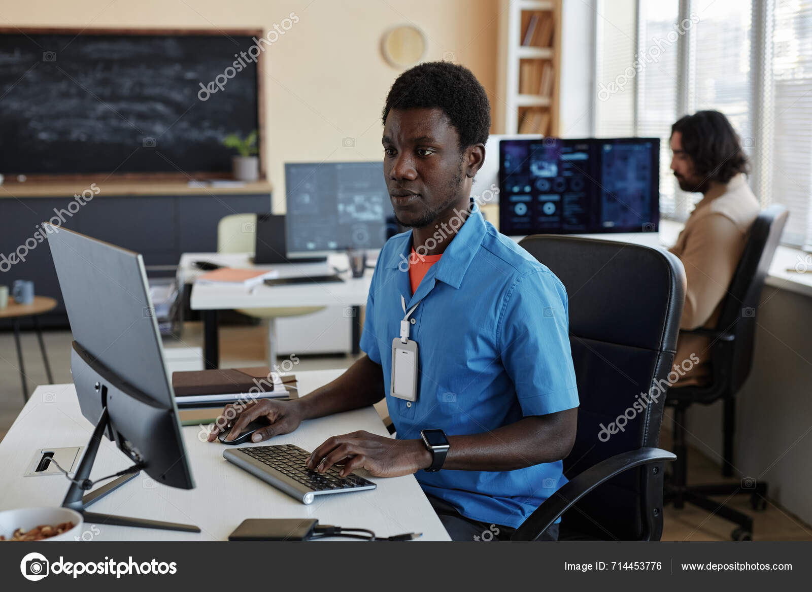 Young Serious African American Programmer Sitting Front Computer ...