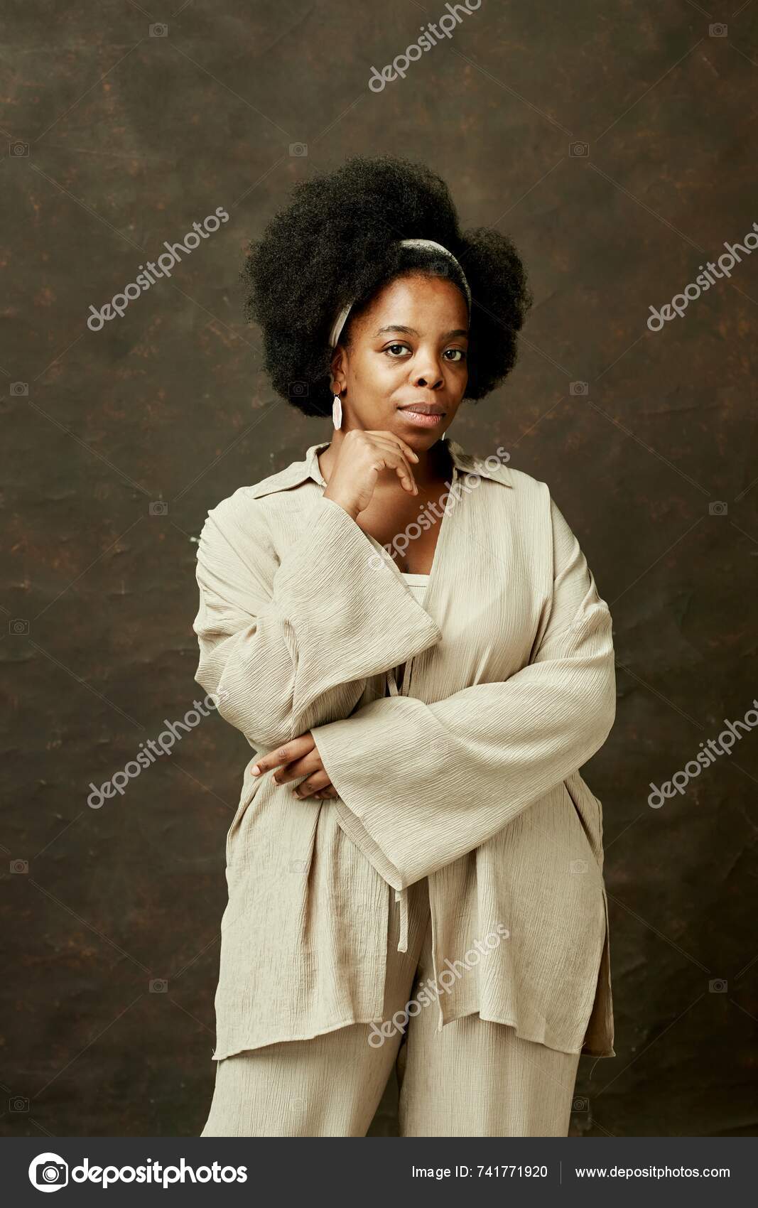 Vertical Portrait Shot Pensive African American Woman Curly Hair ...
