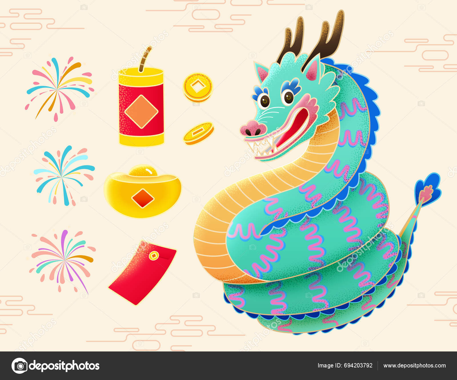 Cny Year Dragon Elements Isolated Cream White Background Line Style ...