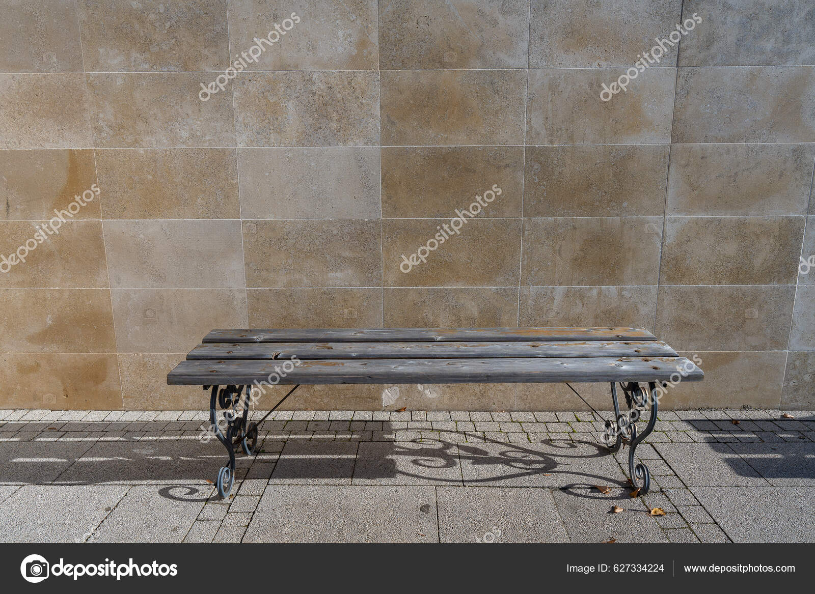 Empty Metal Wooden Benche Beige Marble Wall One Bench Stone — Stock ...