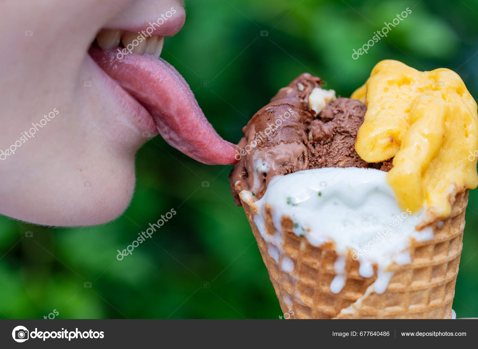 Young Girl Licks Ice Cream Cone Tip Her Tongue Outdoors — Stock Photo © OlegDoroshenko #677640486