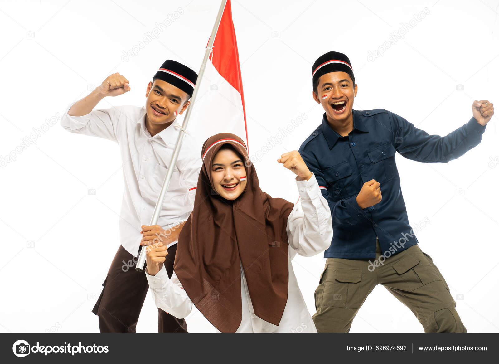 Male Islamic Student White Shirt Standing Bring Indonesian Flag His ...