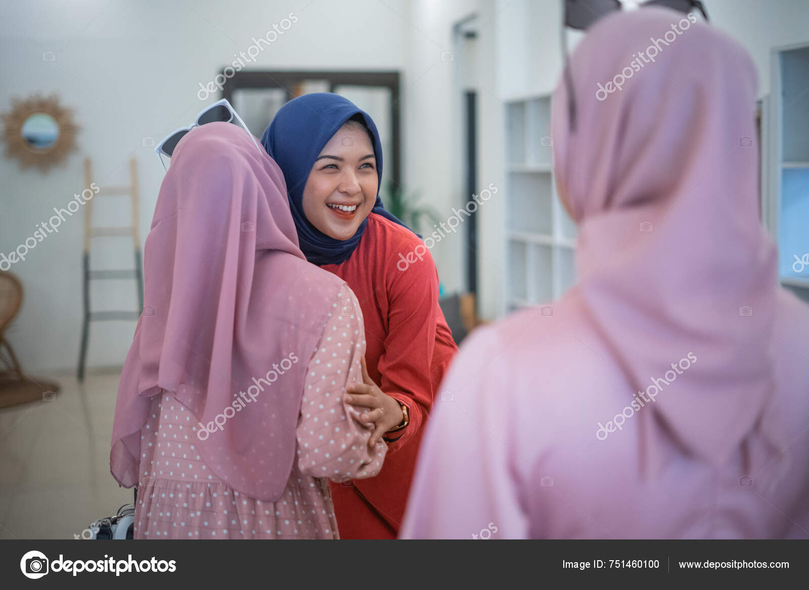 Three Close Friends Greet Each Other Joyfully Stylish Warm Inviting ...