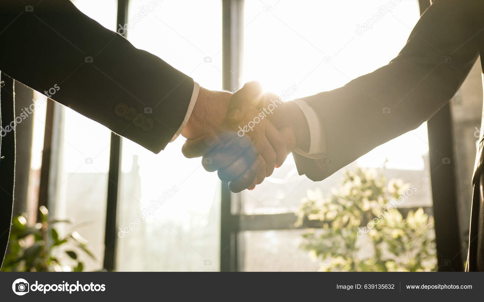 Close Two Men Shake Hands Office Window Sunny Sun Background Stock ...