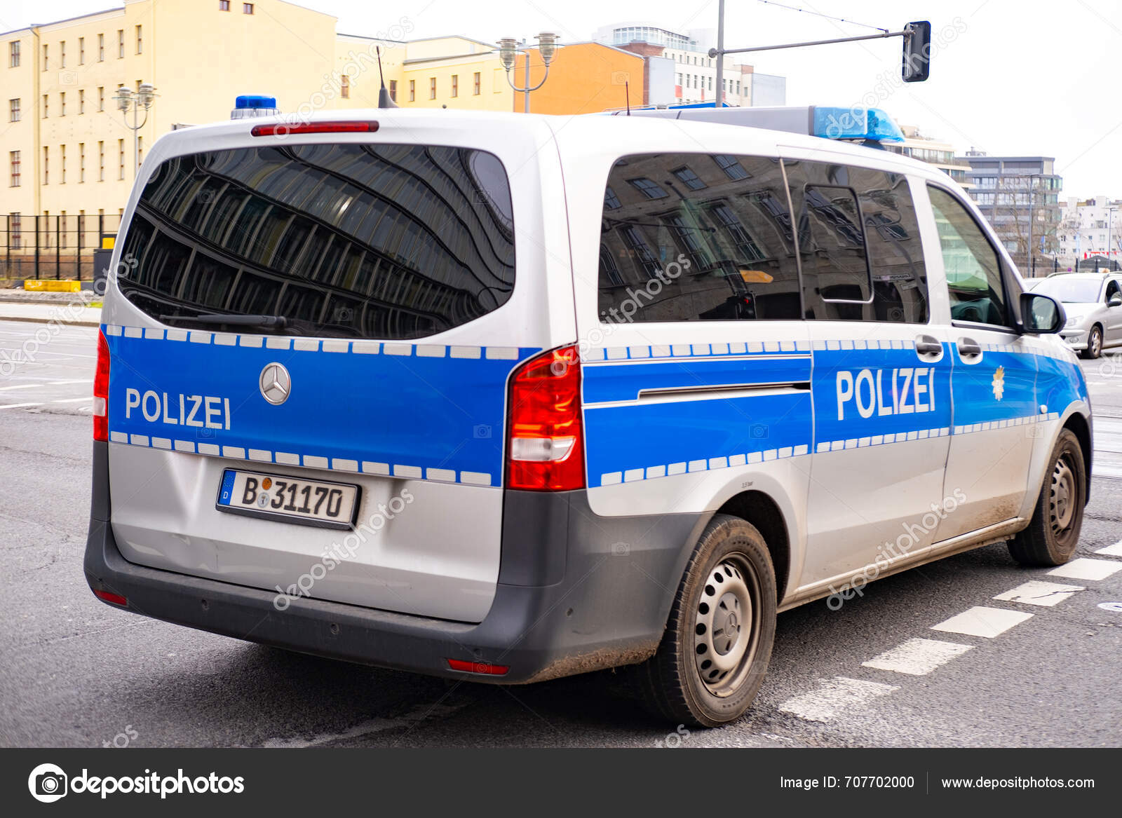 White Blue Police Bus Parked Street Berlin Symbol Law Order — Stock ...