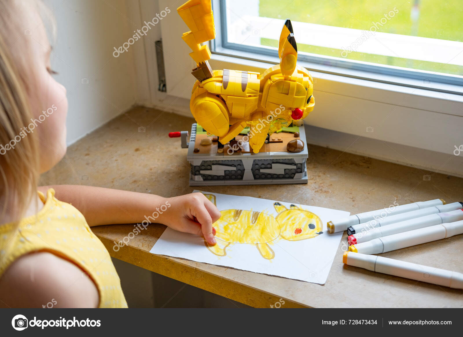 Child Drawing Yellow Figure Pikachu Lego Pieces Construction Toy ...