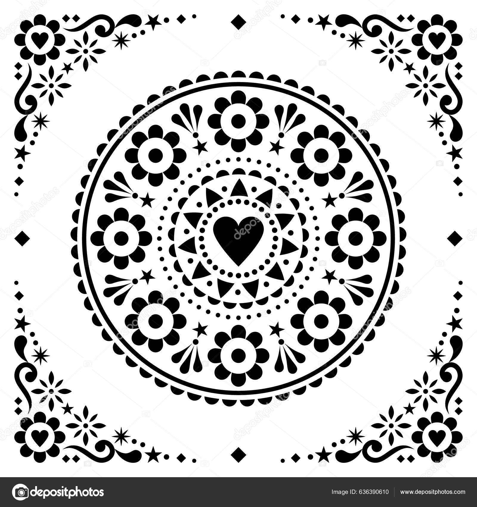 Scandinavian Folk Vector Mandala Pattern Heart Flowers Black White ...