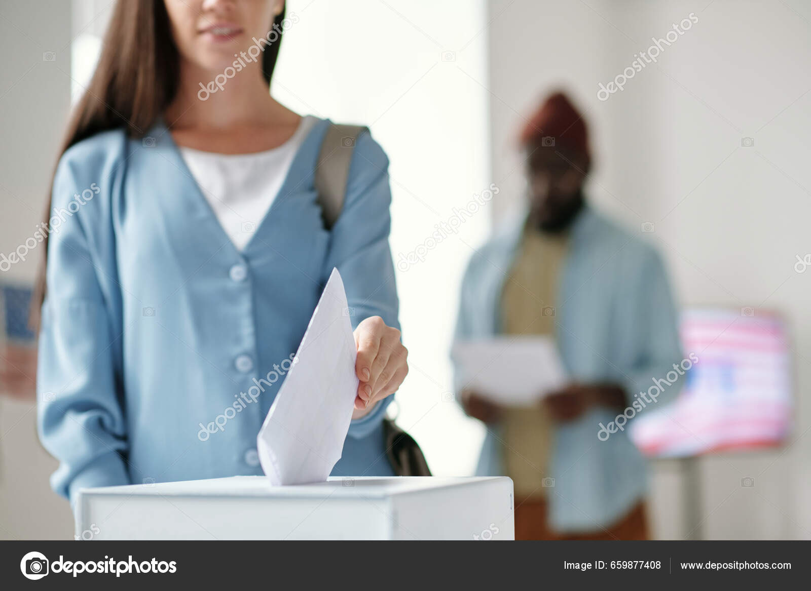 Focus Hand Young Female Voter Putting Ballot Paper Box While — Stock ...