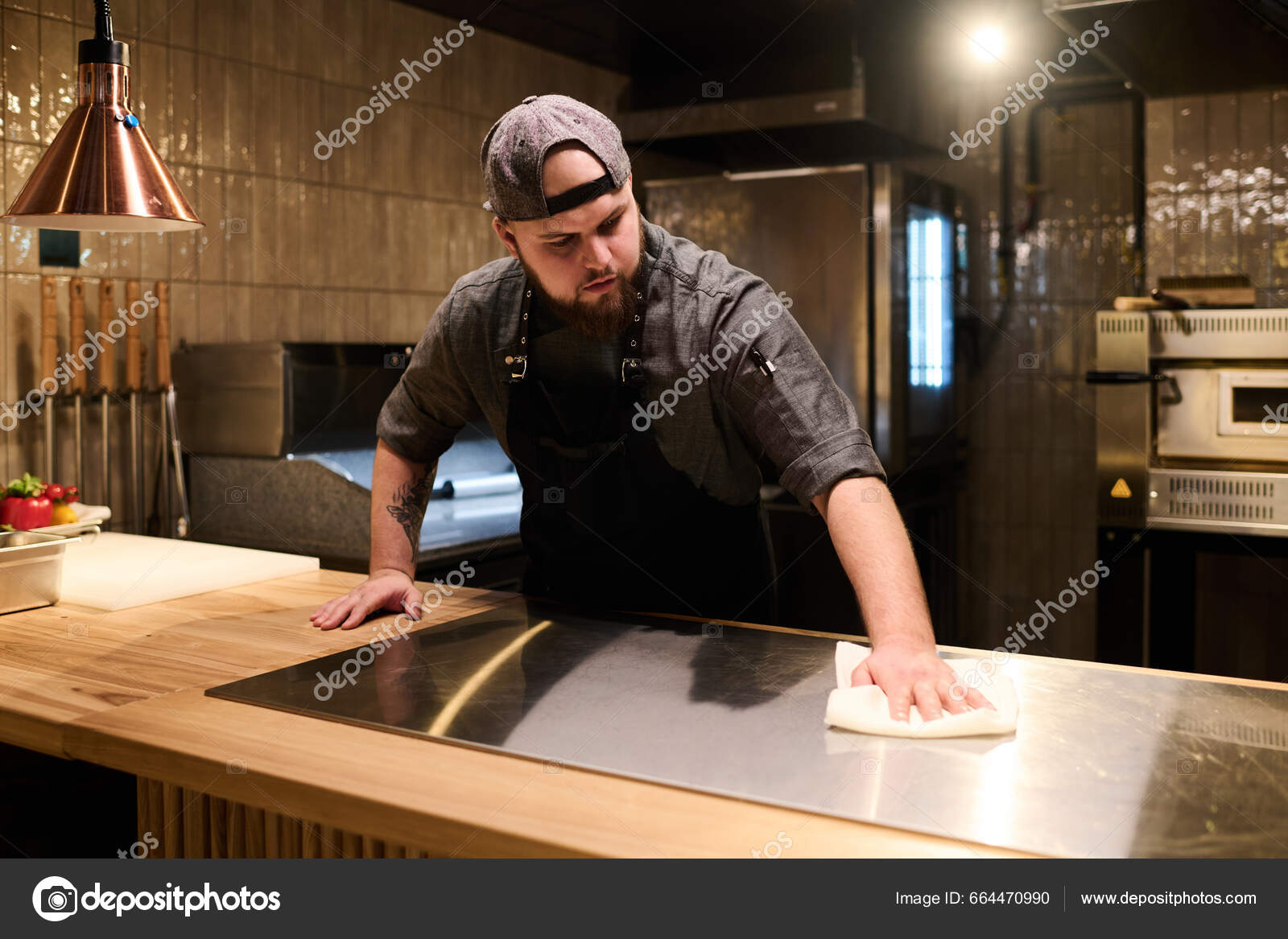 Young Male Chef Uniform Wiping Stove Surface Clean Duster While — Stock ...