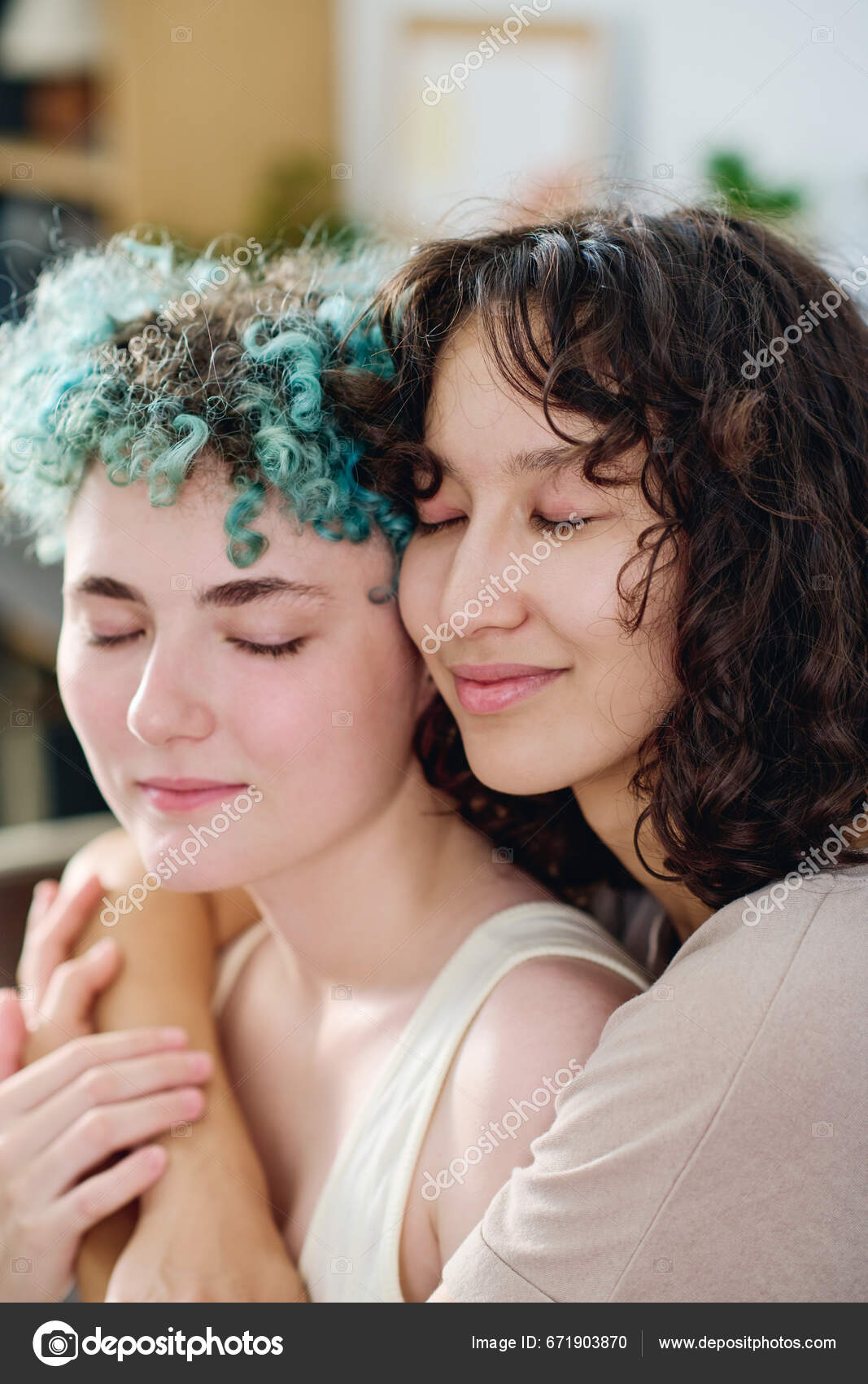 Happy Young Affectionate Woman Dark Wavy Hair Giving Hug Her — Stock ...