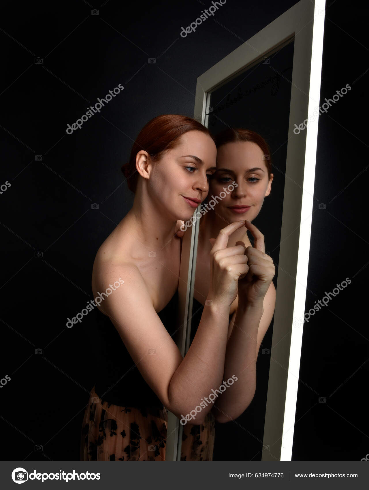 Close Portrait Beautiful Girl Looking Mirror Self Reflection Colourful ...