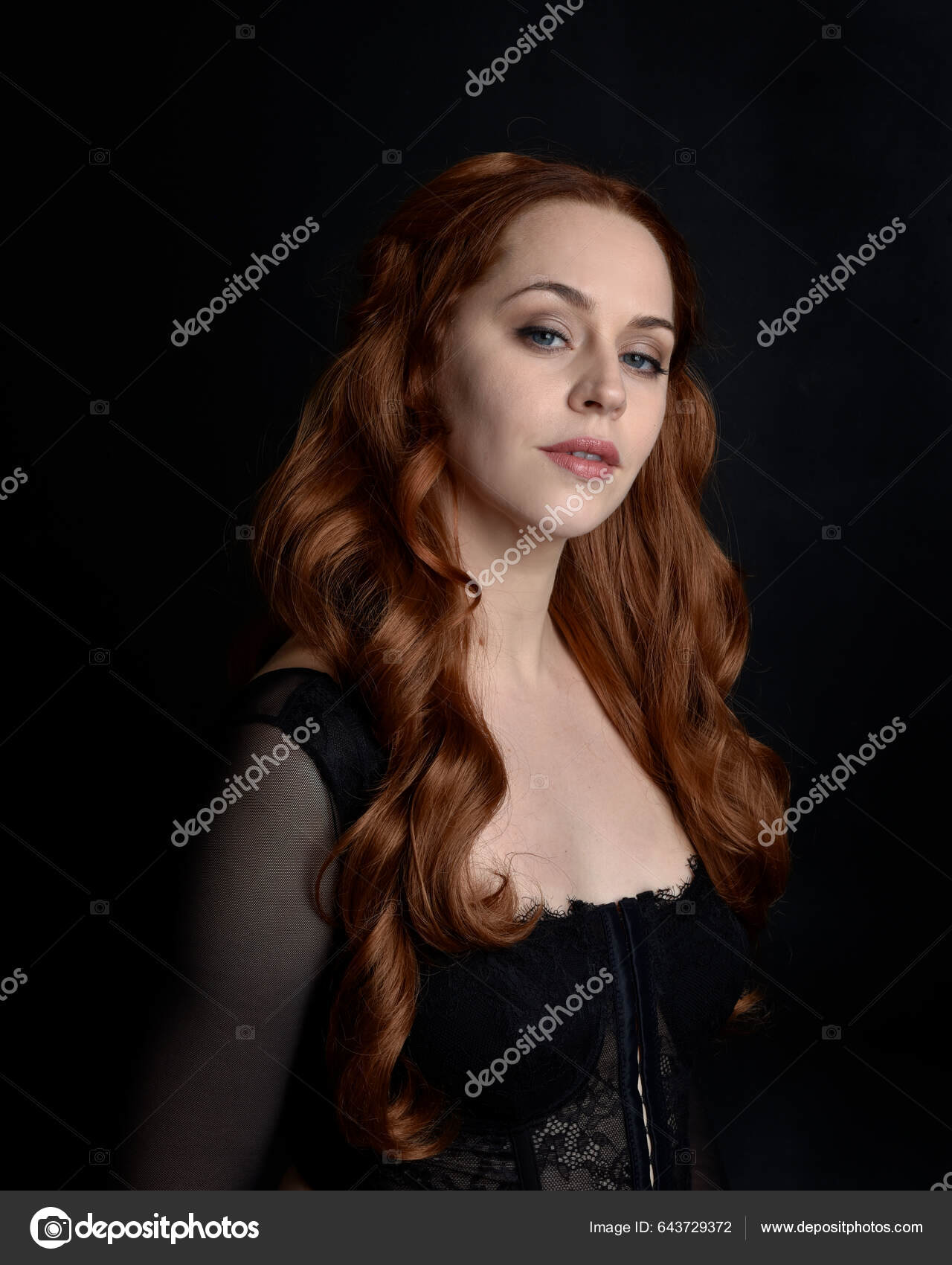Close Portrait Beautiful Woman Long Red Hair Wearing Sheer Corset Stock