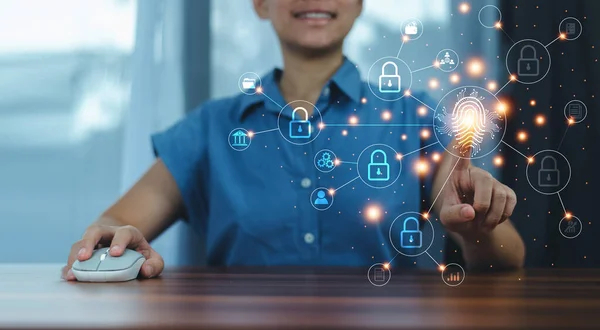 scan finger Data security concept, Woman scan finger print unlock on ...