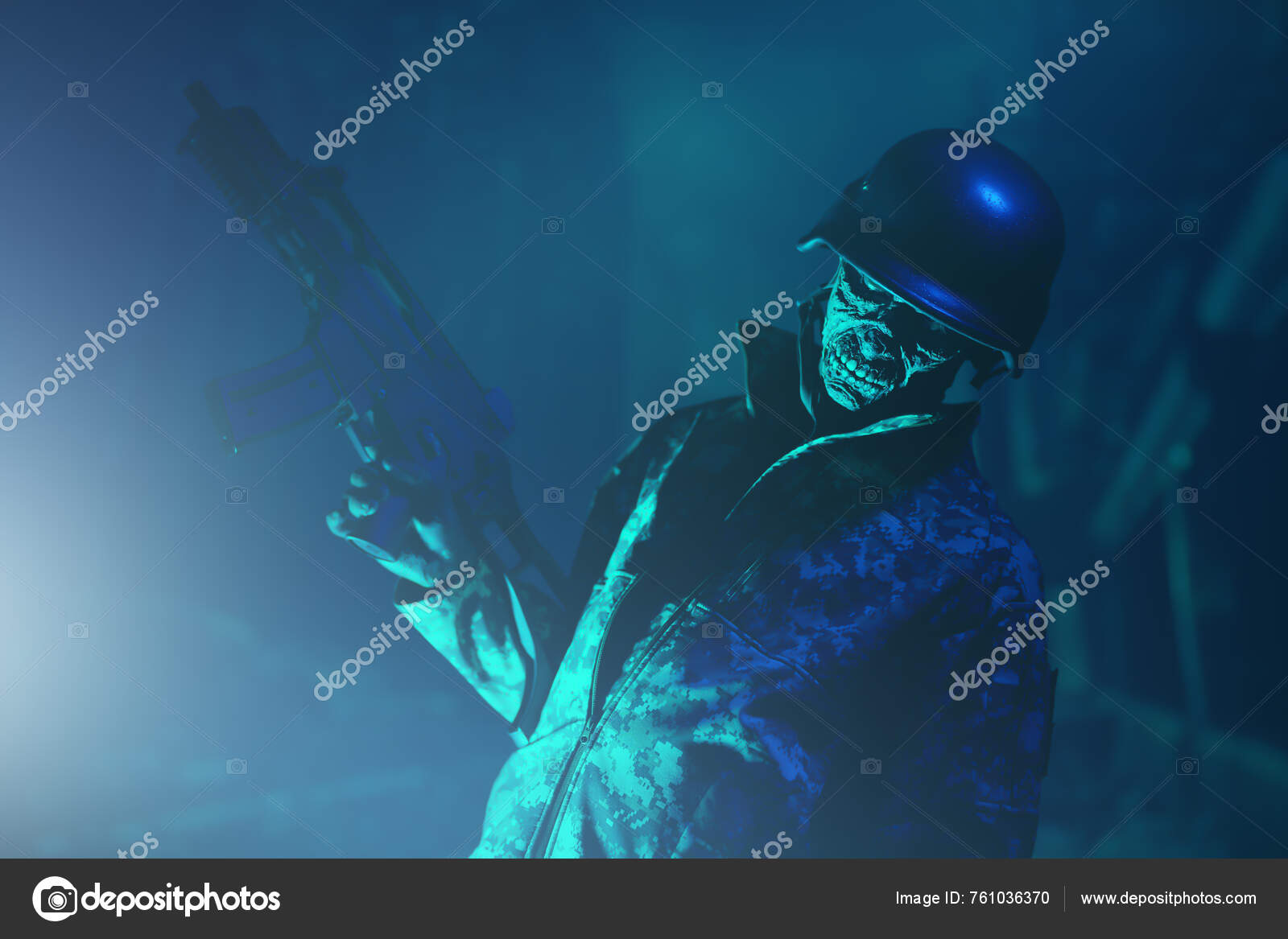 Scary Zombie Soldier Stands Destroyed City Ominous Moonlight Holds ...