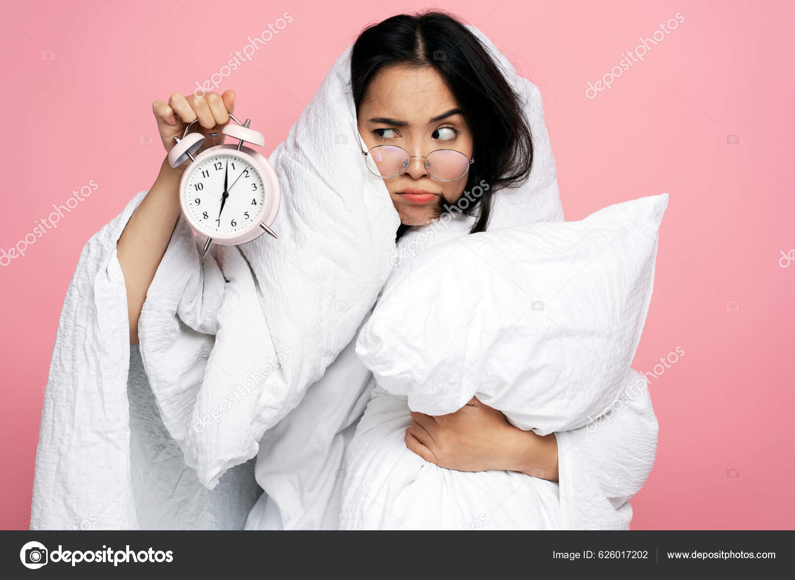 Annoyed Asian Woman Hugging Pillow Holding Alarm Clock Sad Face — Stock ...