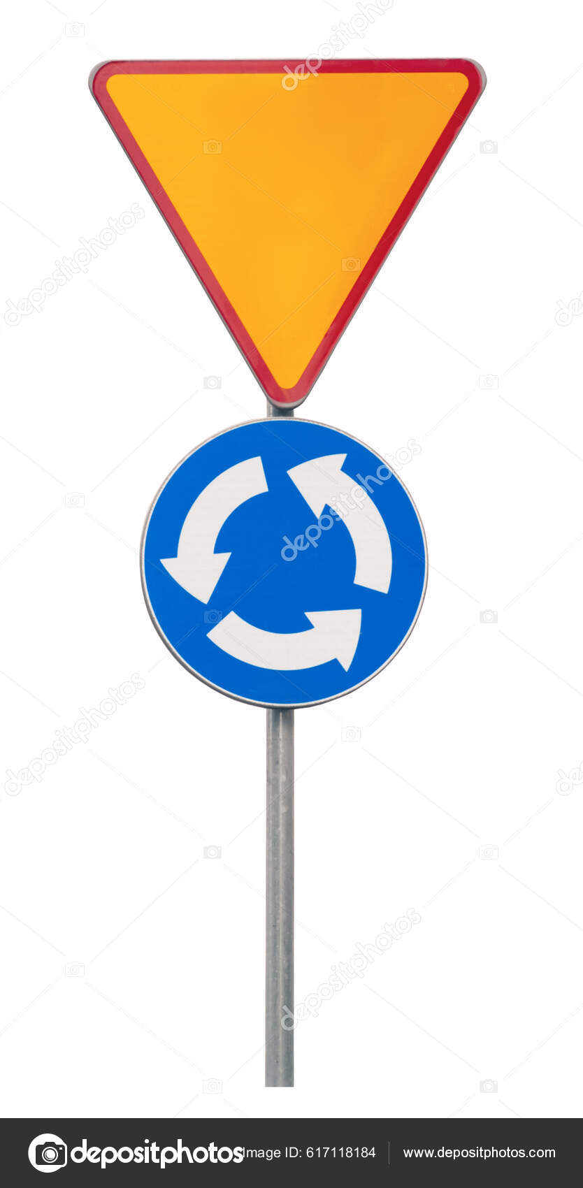 Post Roundabout Yield Road Signs Isolated White — Stock Photo ...