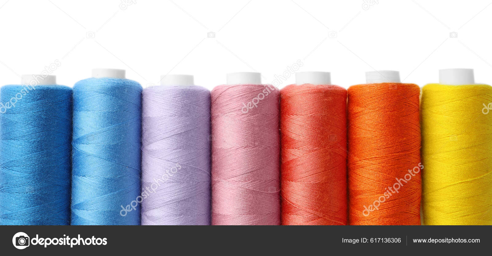 Set Different Colorful Sewing Threads White Background Top View — Stock ...