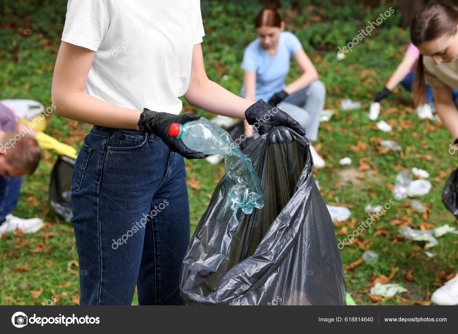 Woman Plastic Bag Collecting Garbage Park Closeup — Stock Photo ...