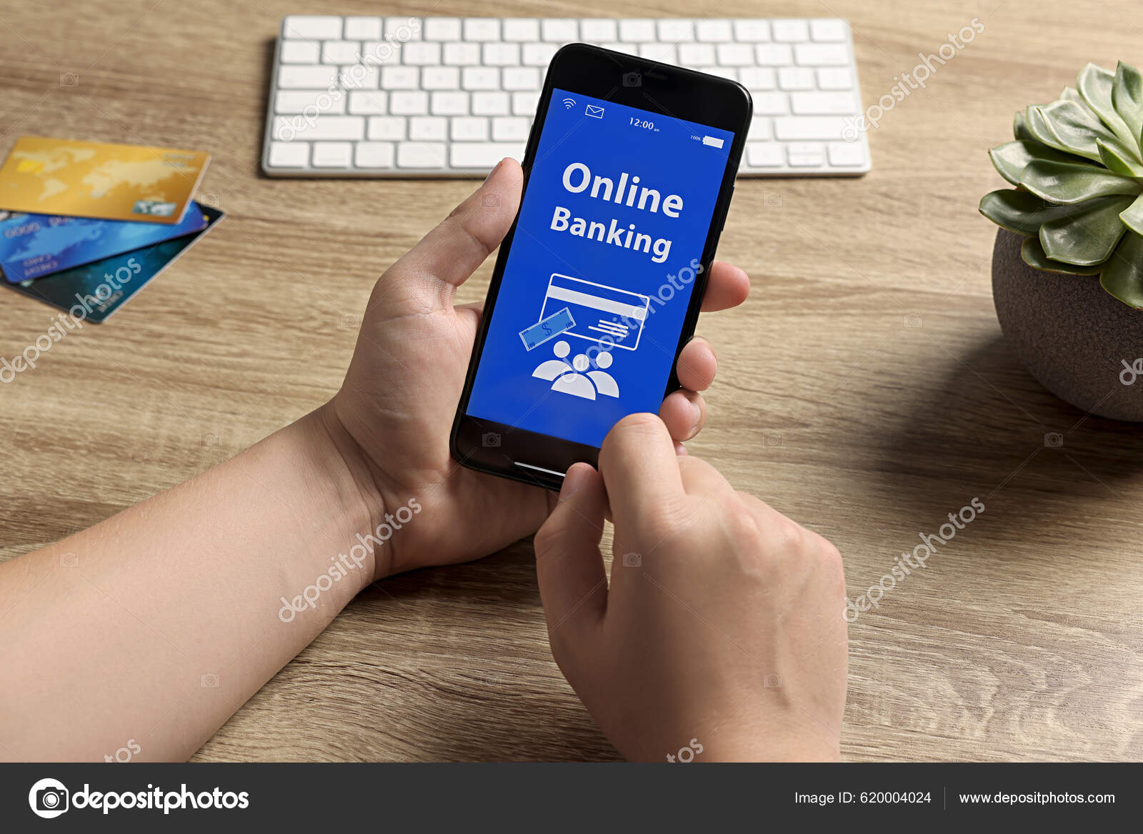 Man Using Online Banking App Smartphone Wooden Office Table Closeup ...