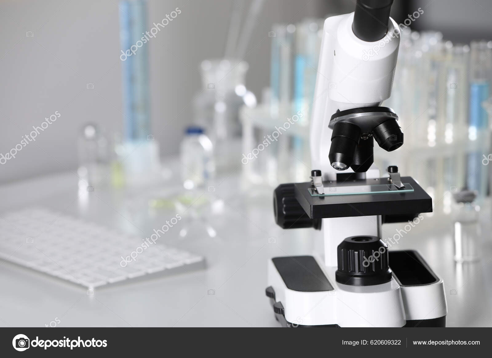 Modern Medical Microscope White Table Laboratory Closeup Space Text ...