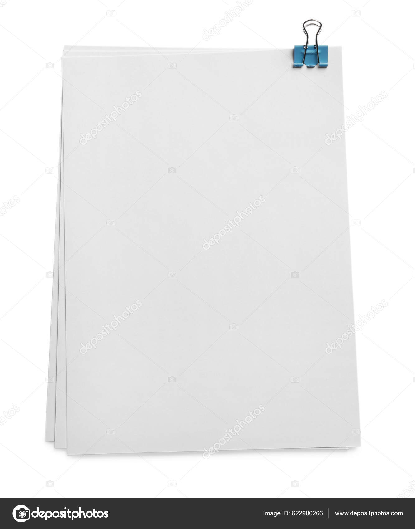 Blank Sheets Paper Binder Clip White Background Top View Stock Photo by ...