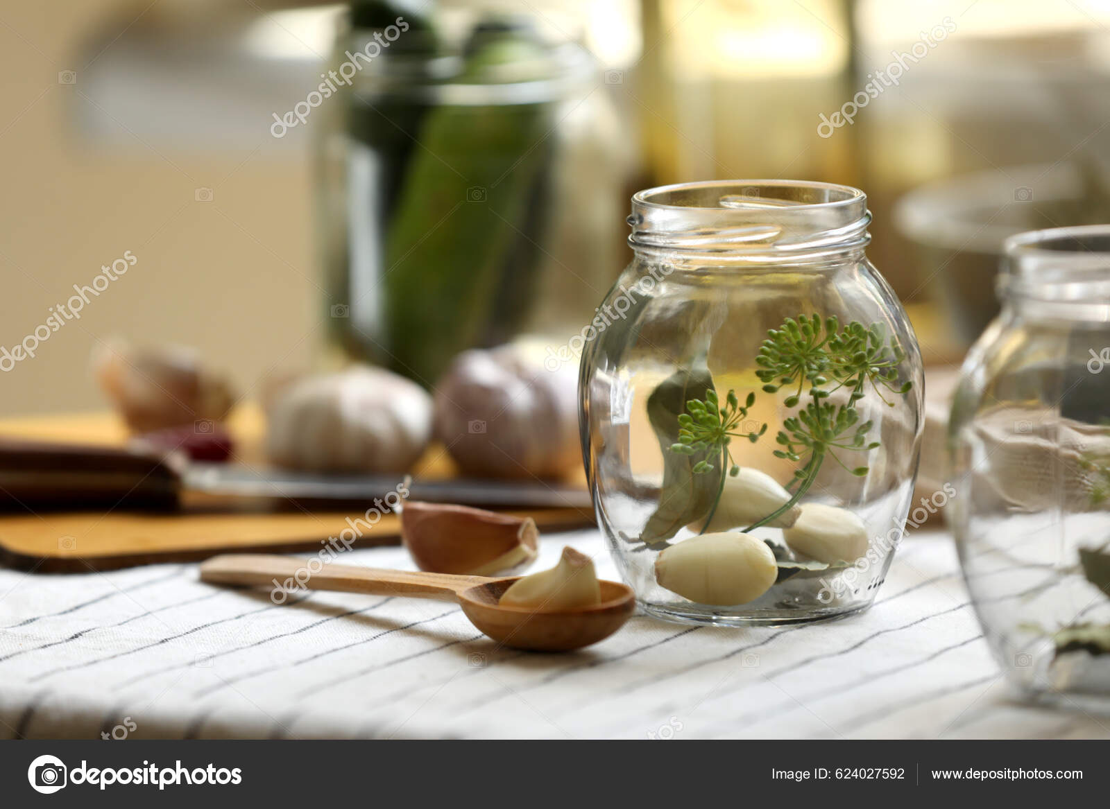 Empty Glass Jars Ingredients Prepared Canning Table Closeup Space Text ...