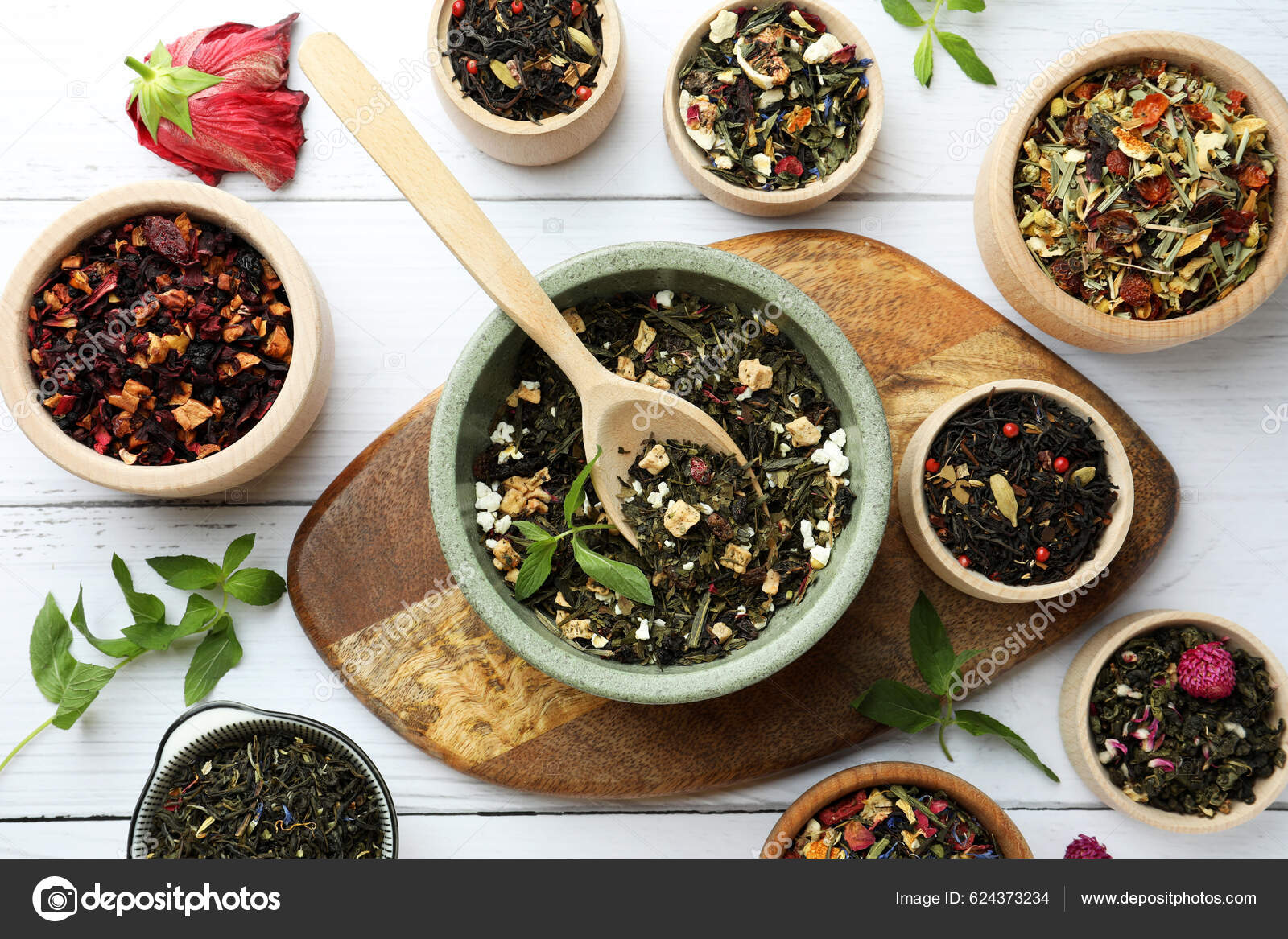 Many Different Herbal Teas White Wooden Table Flat Lay — Stock Photo ...