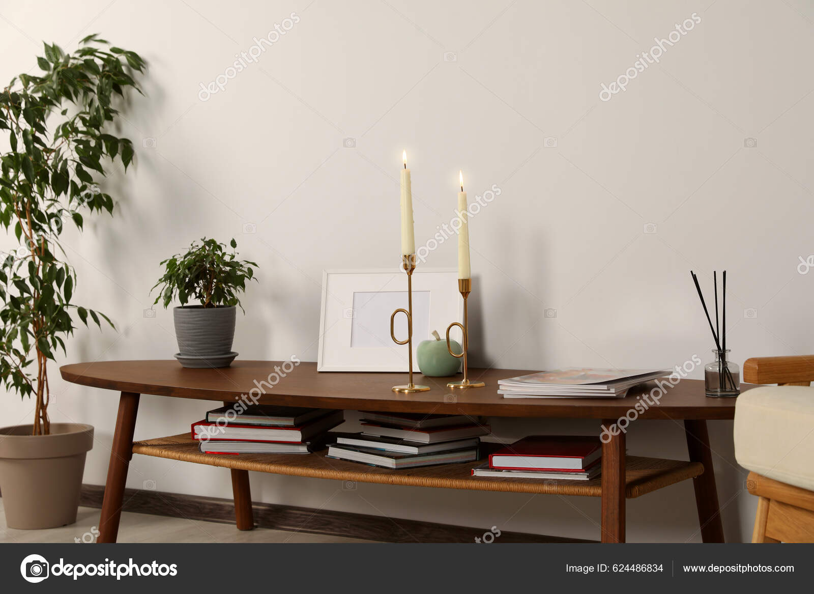 Wooden Table Decorative Elements Light Wall Room Interior Design ...