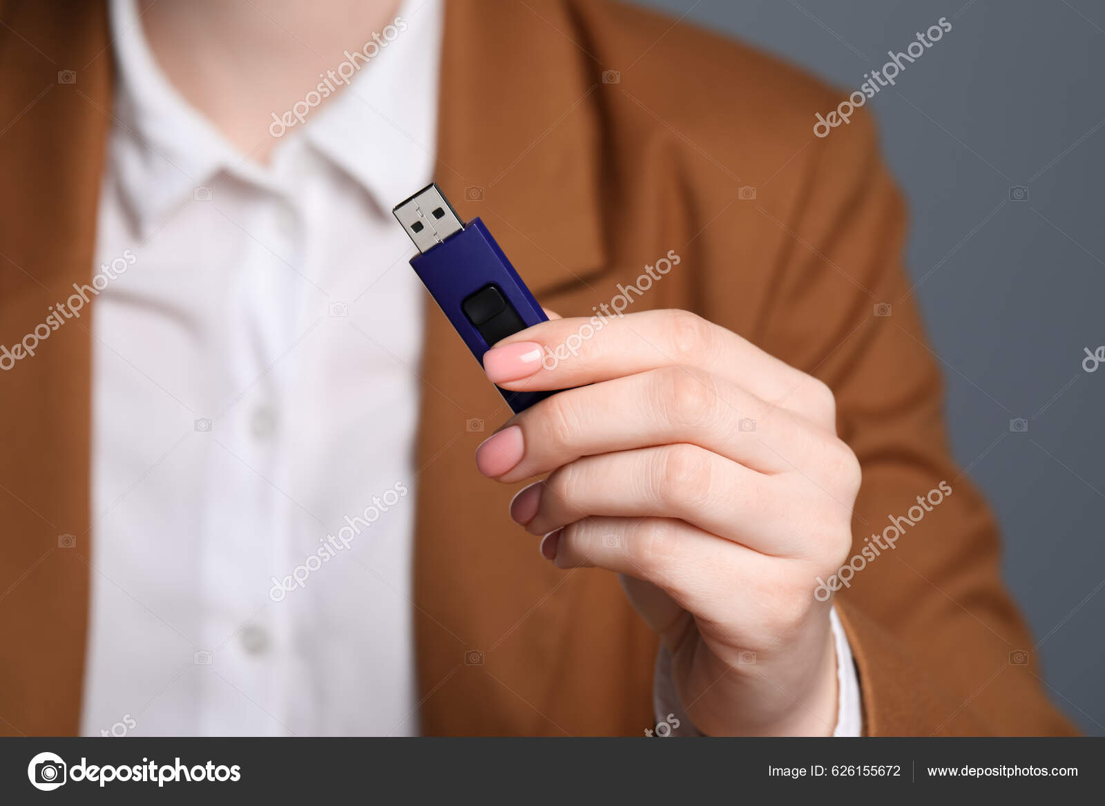 Woman Holding Usb Flash Drive Grey Background Focus Hand — Stock Photo ...