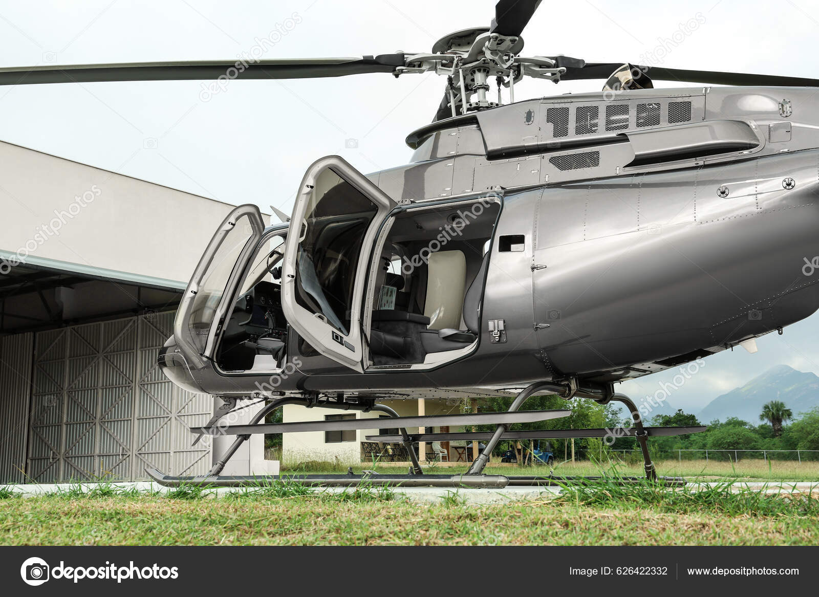 New Helicopter Open Cabin Doors Helipad Outdoors — Stock Photo ...