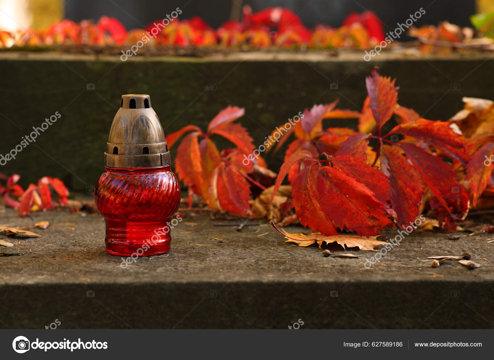 Red Grave Lantern Fallen Leaves Stone Surface Cemetery Space Text — Stock Photo © NewAfrica ...