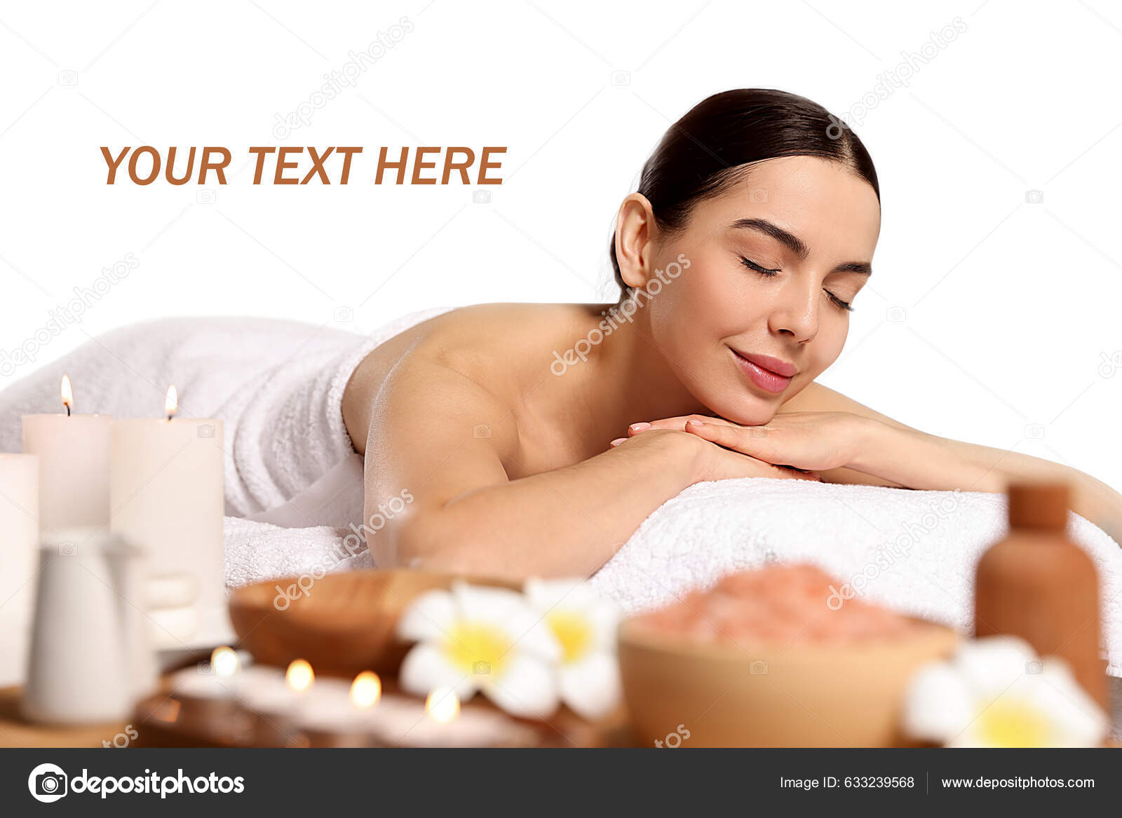 Beautiful Woman Relaxing Massage Table Spa Salon Advertising Space