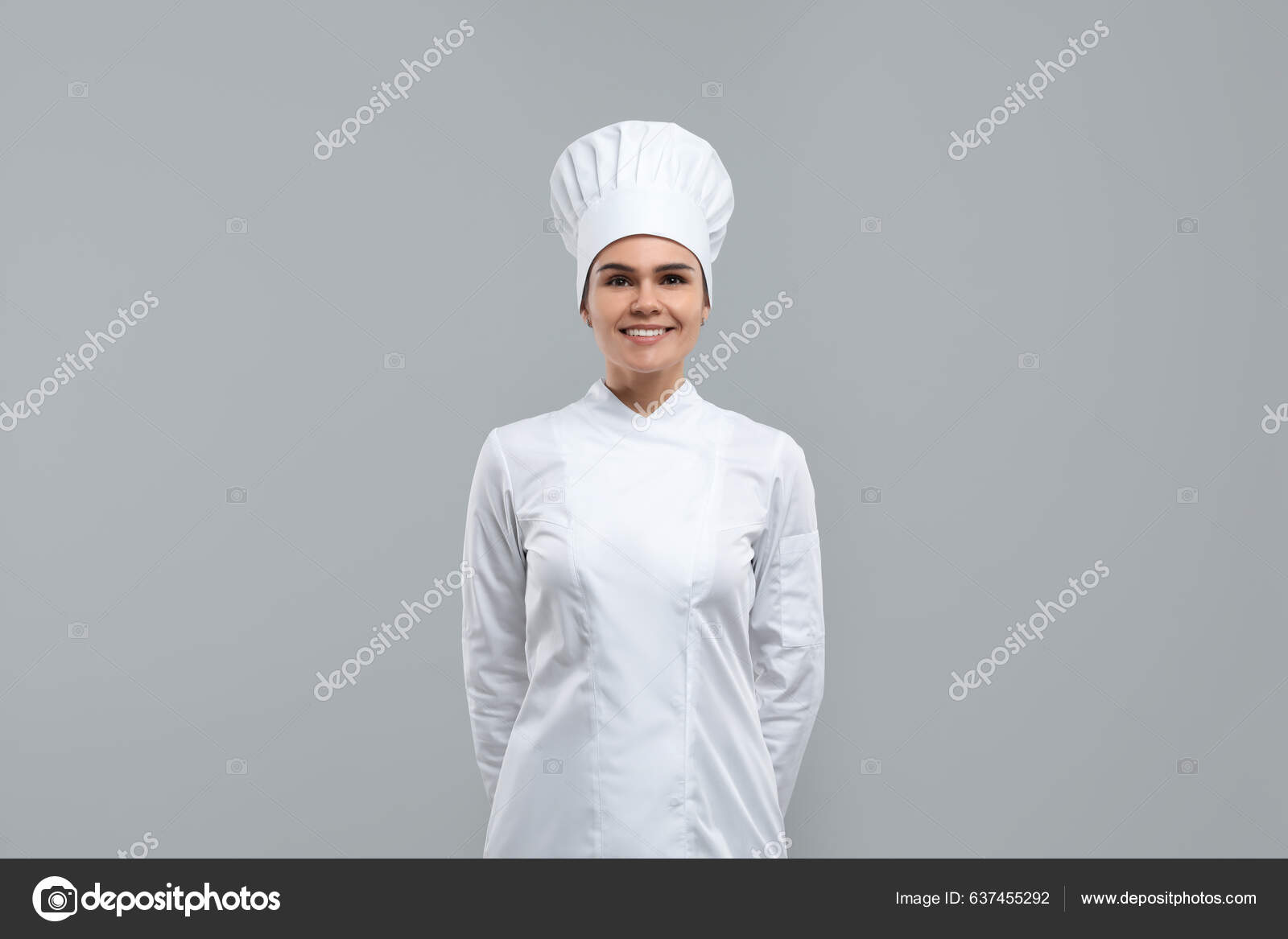 Happy Female Chef Wearing Uniform Cap Light Grey Background Stock Photo ...