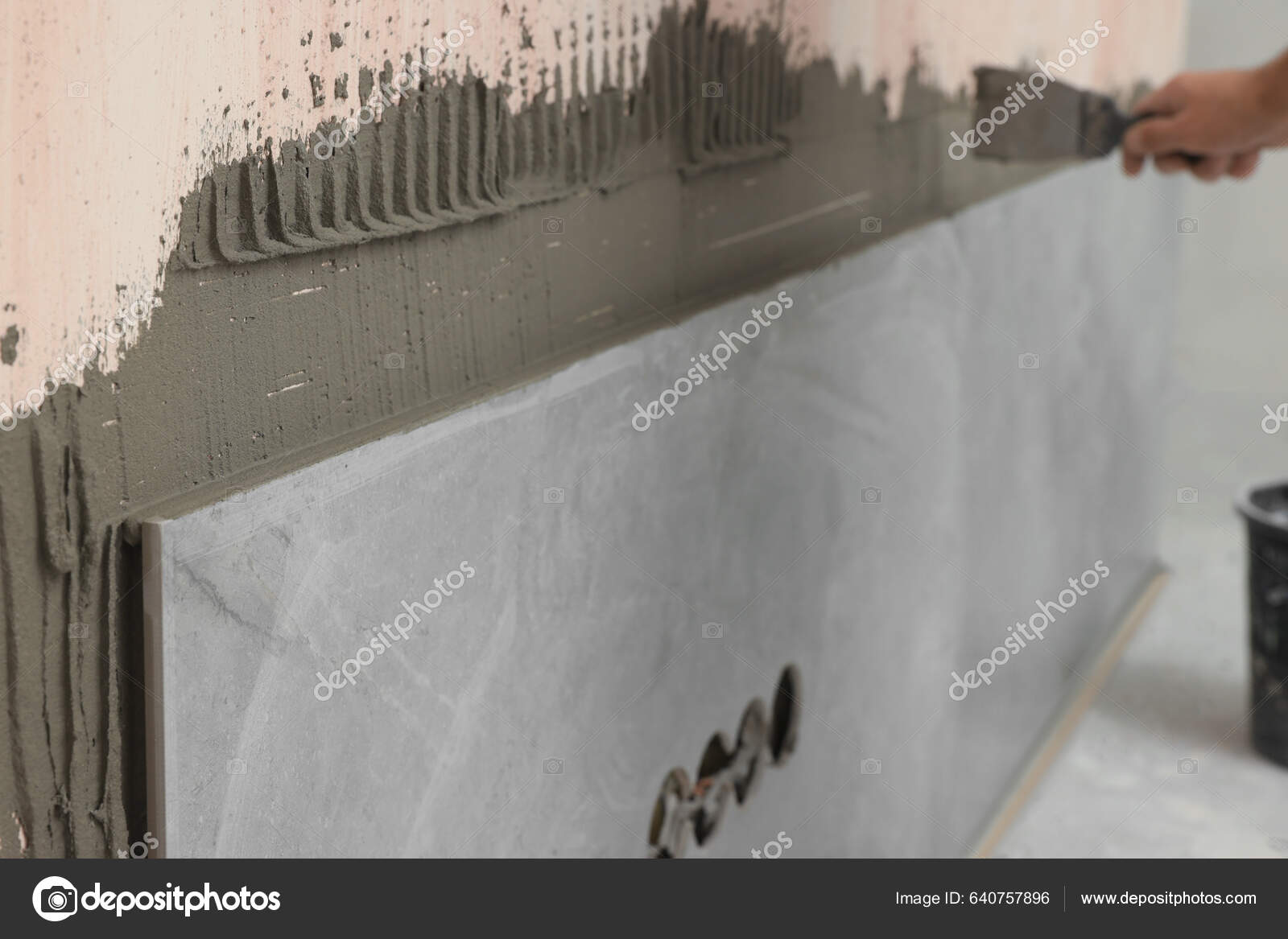 Worker Spreading Adhesive Mix Wall Closeup Tiles Installation Process ...