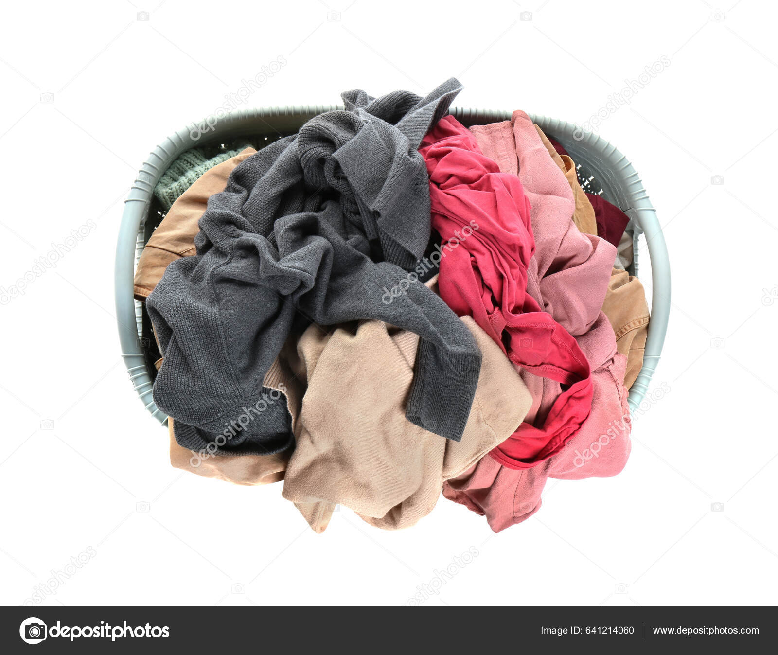 Plastic Laundry Basket Full Clothes Isolated White Top View — Foto de ...