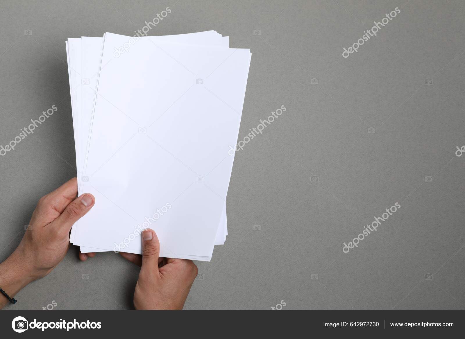 Man Holding Sheets Paper Grey Background Closeup Mockup Design — Stock ...