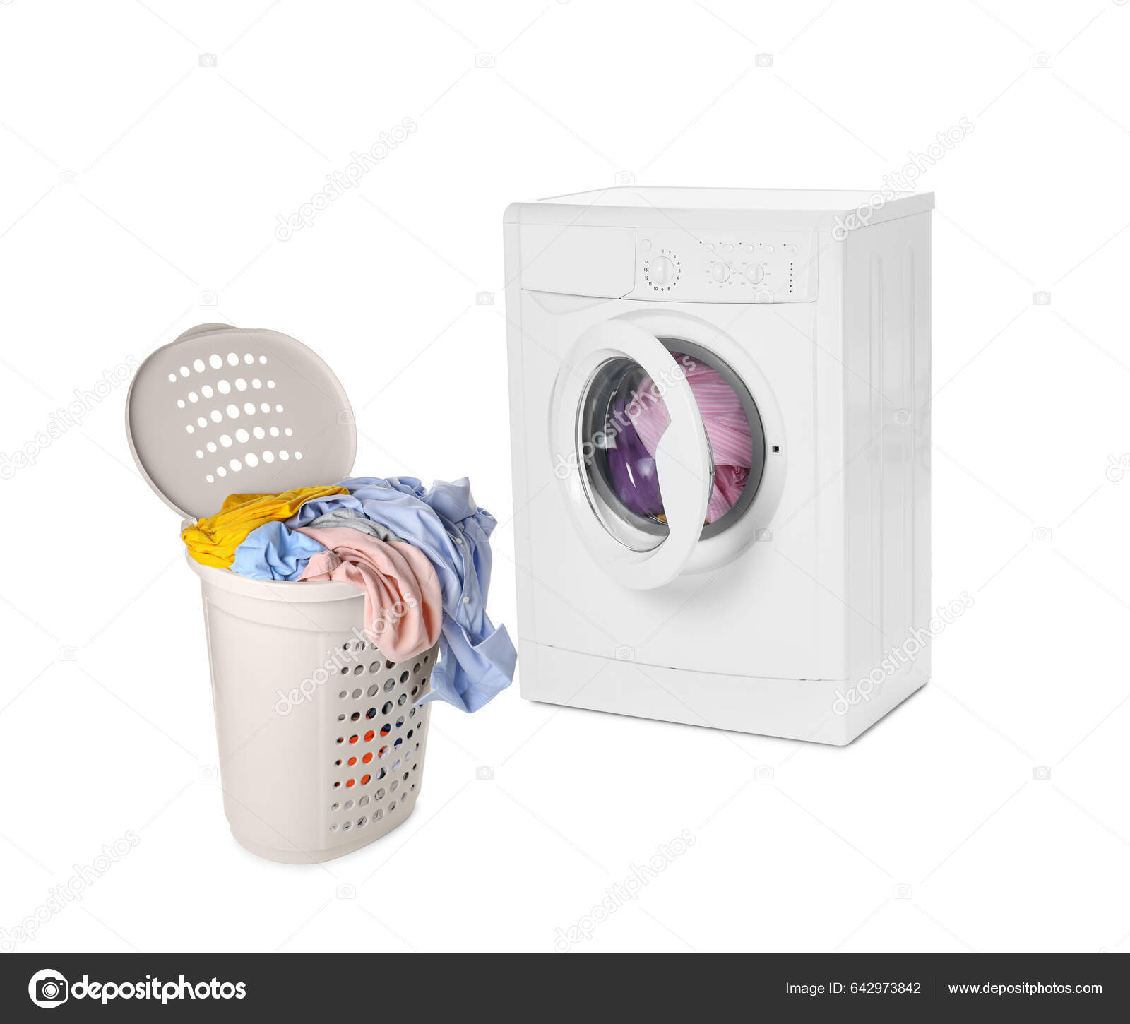 Washing Machine Plastic Laundry Basket Full Clothes White Background ...