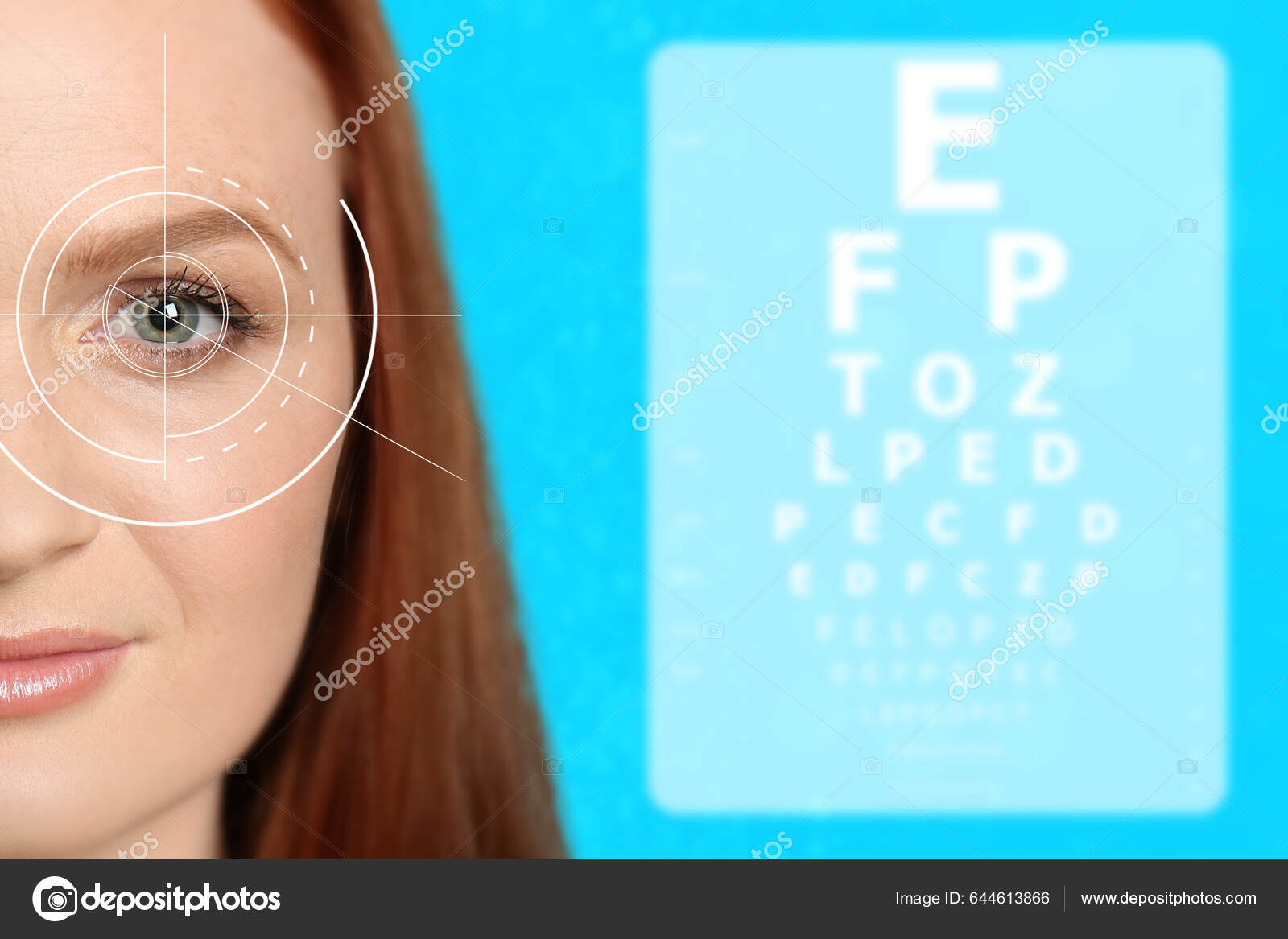 Vision Test Woman Eye Chart Light Blue Background Stock Photo by ...