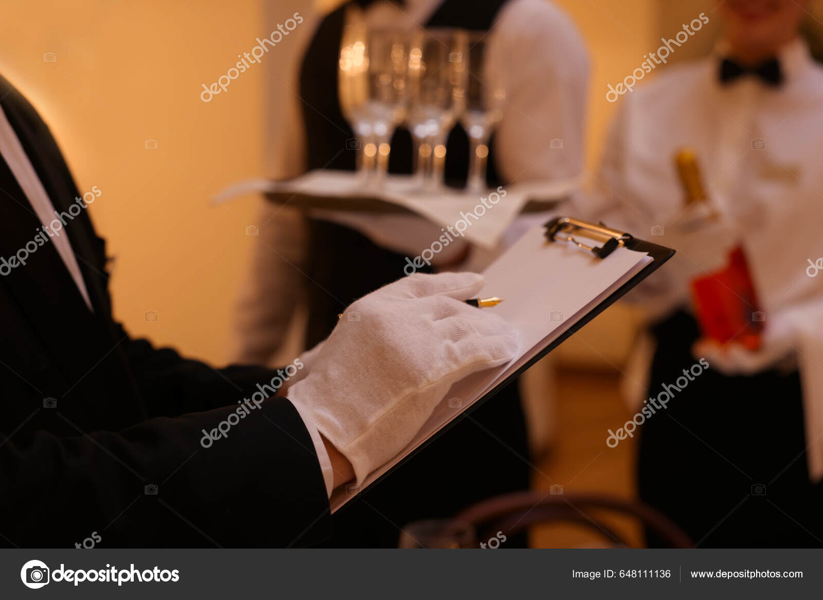 Man Clipboard Teaching Trainees Indoors Closeup Professional Butler ...