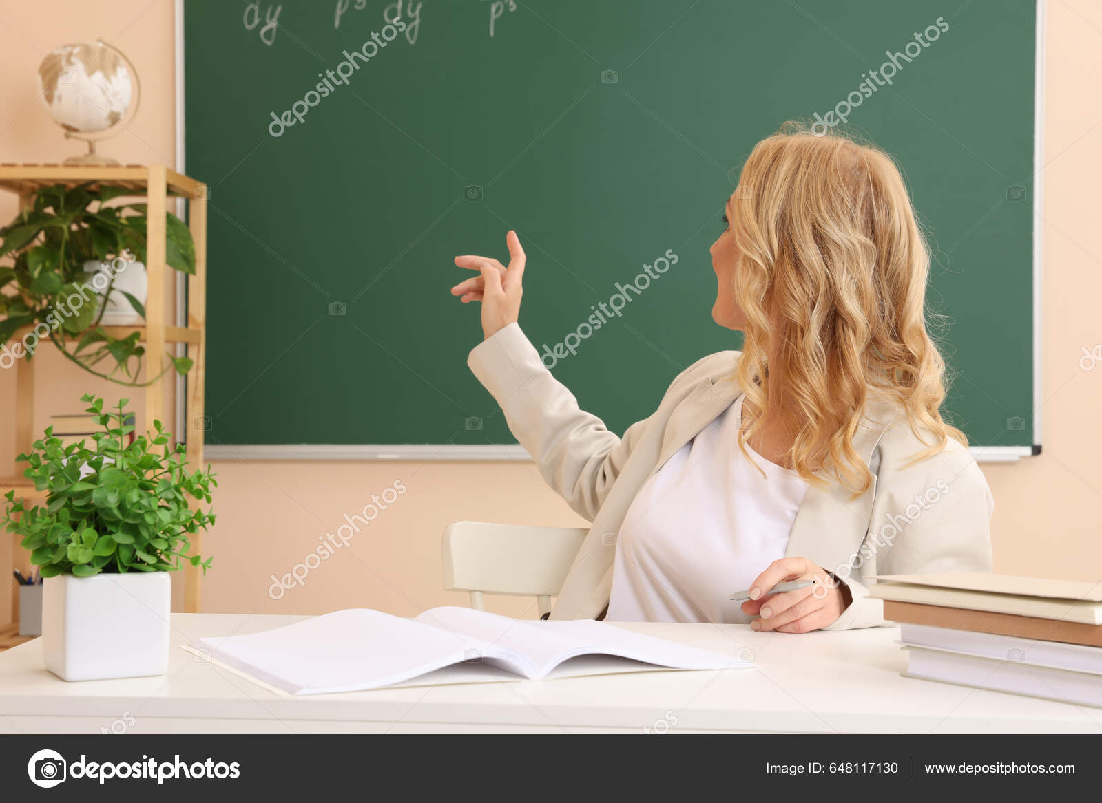 Professor Pointing Green Board Math Equation Classroom — Stock Photo ...