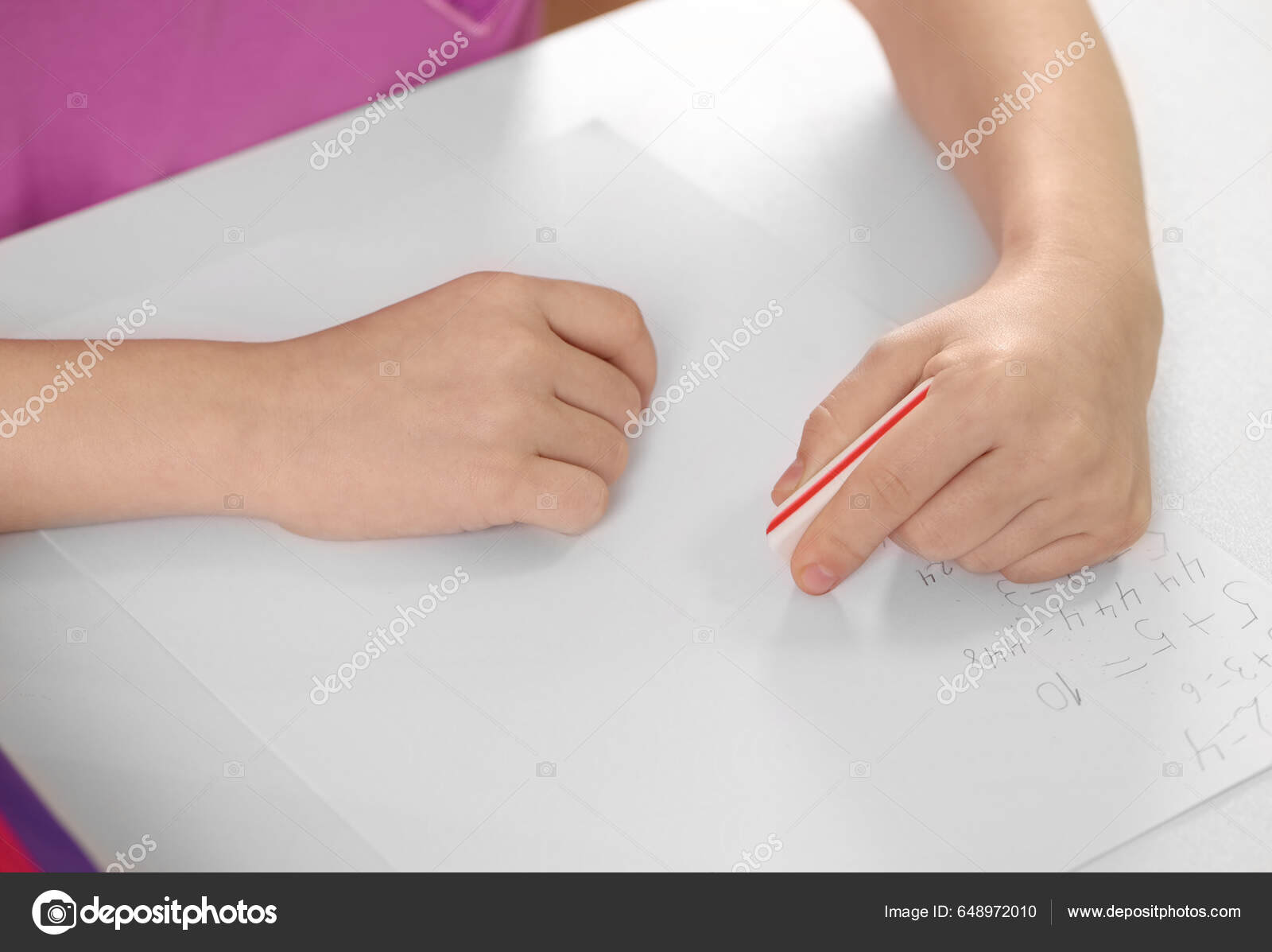 Girl Erasing Mistake Her Homework White Desk Closeup — Stock Photo ...