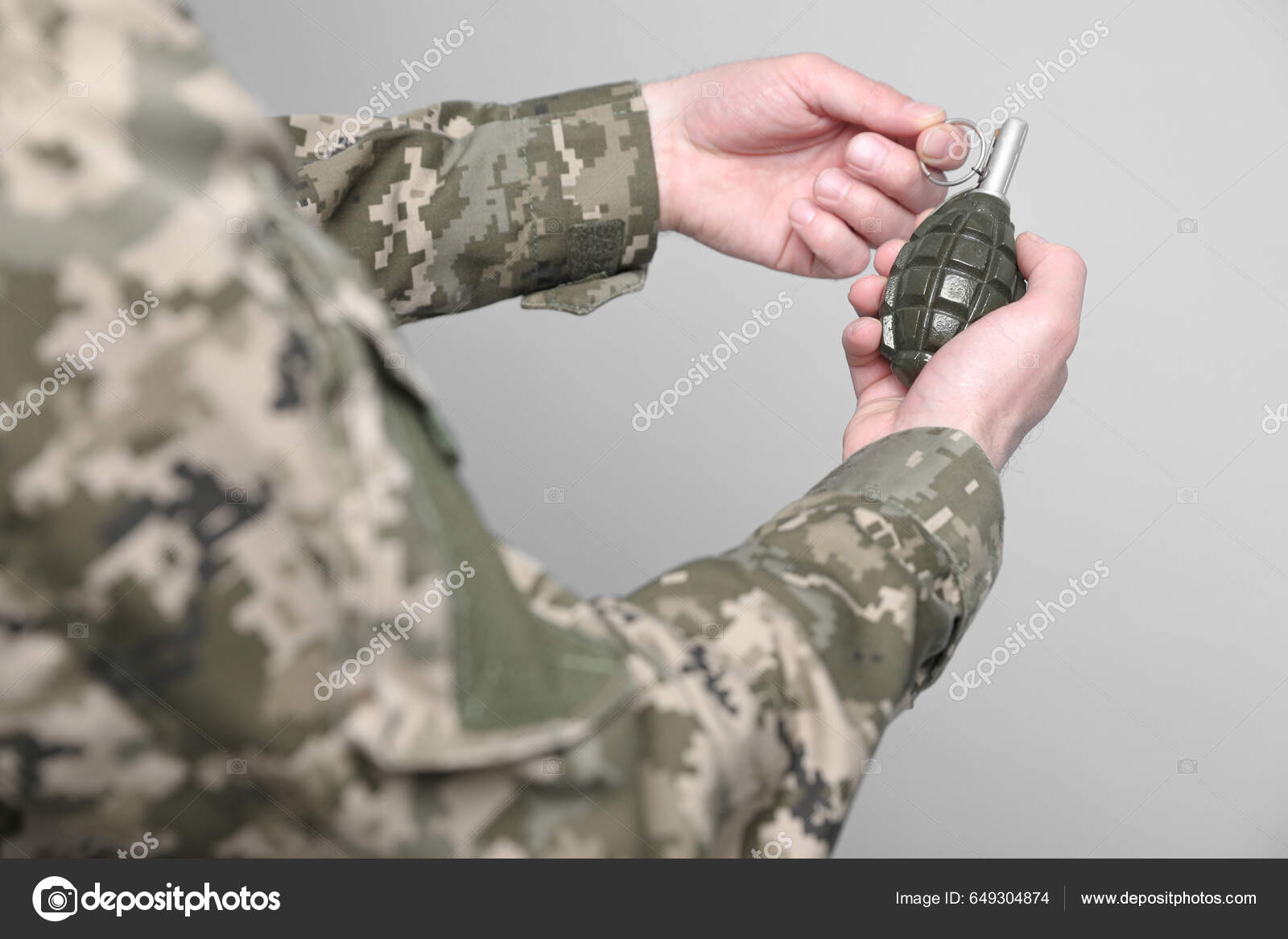 Soldier Pulling Safety Pin Out Hand Grenade Light Grey Background ...