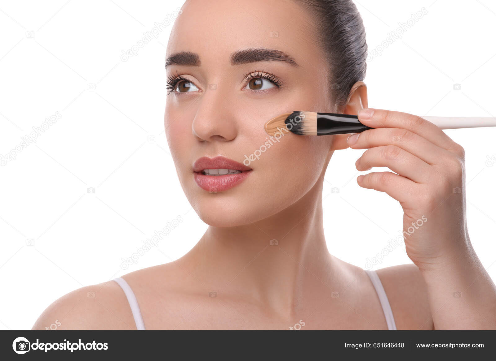 Woman Applying Foundation Face Brush White Background — Stock Photo ...